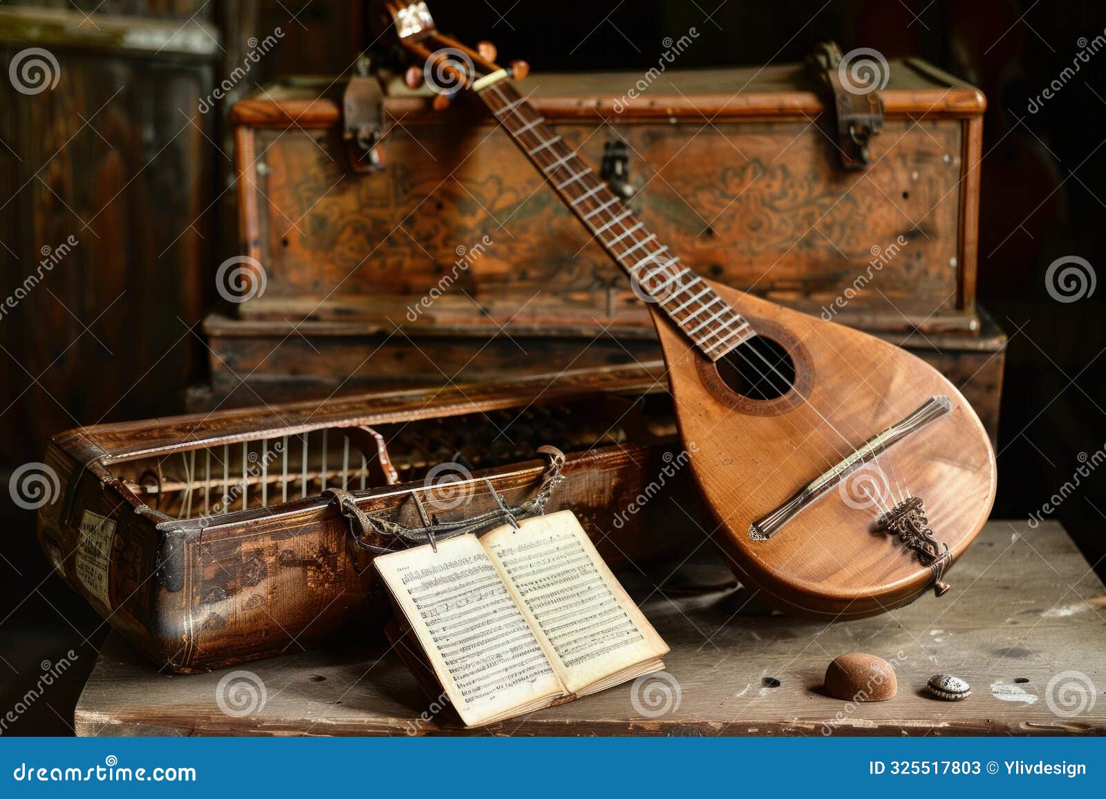 Vintage Stringed Instruments with Music Score on Wooden Table Stock ...