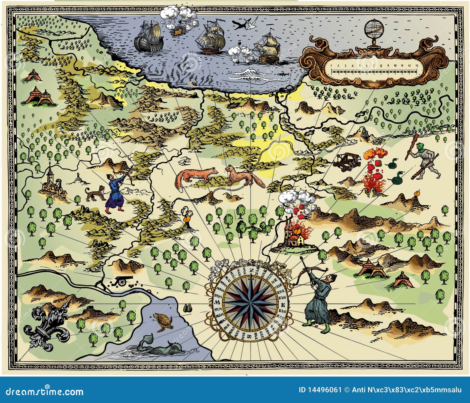 Antique map stock vector. Illustration of cartoon, mast - 14496061