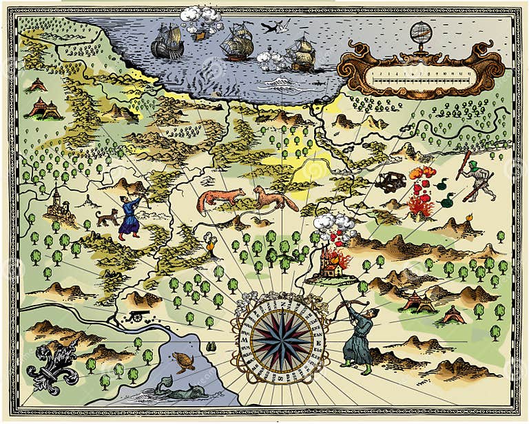 Antique map stock vector. Illustration of cartoon, mast - 14496061