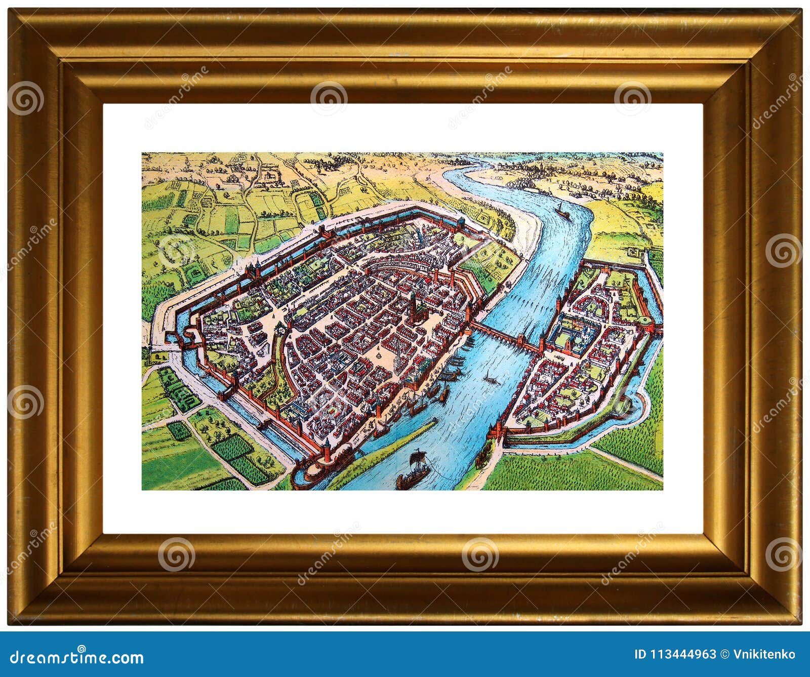 Antique Map of a Medieval City Stock Image - Image of frame, tower ...