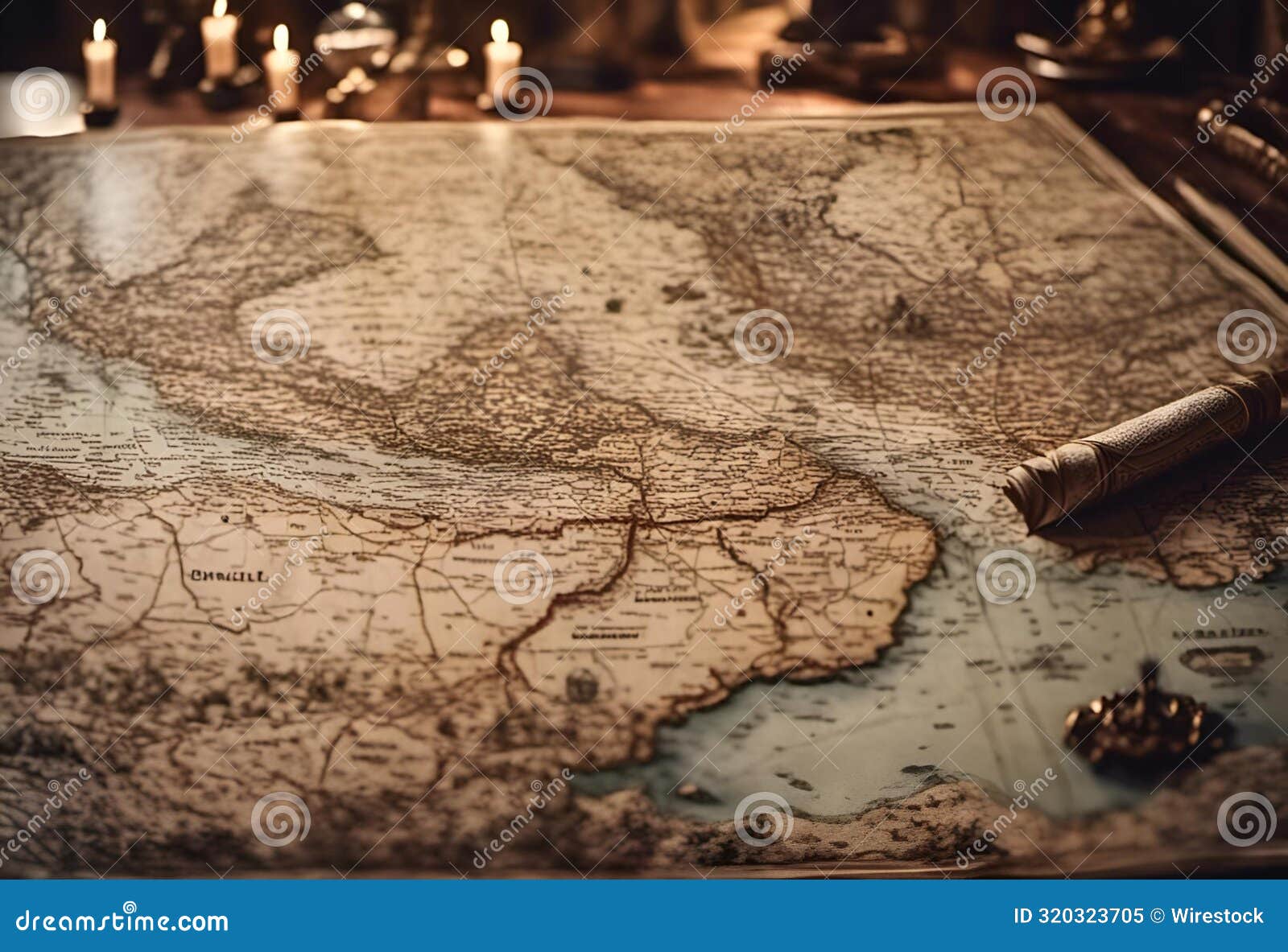 An Antique Map with Various Countries and Candles in the Background ...