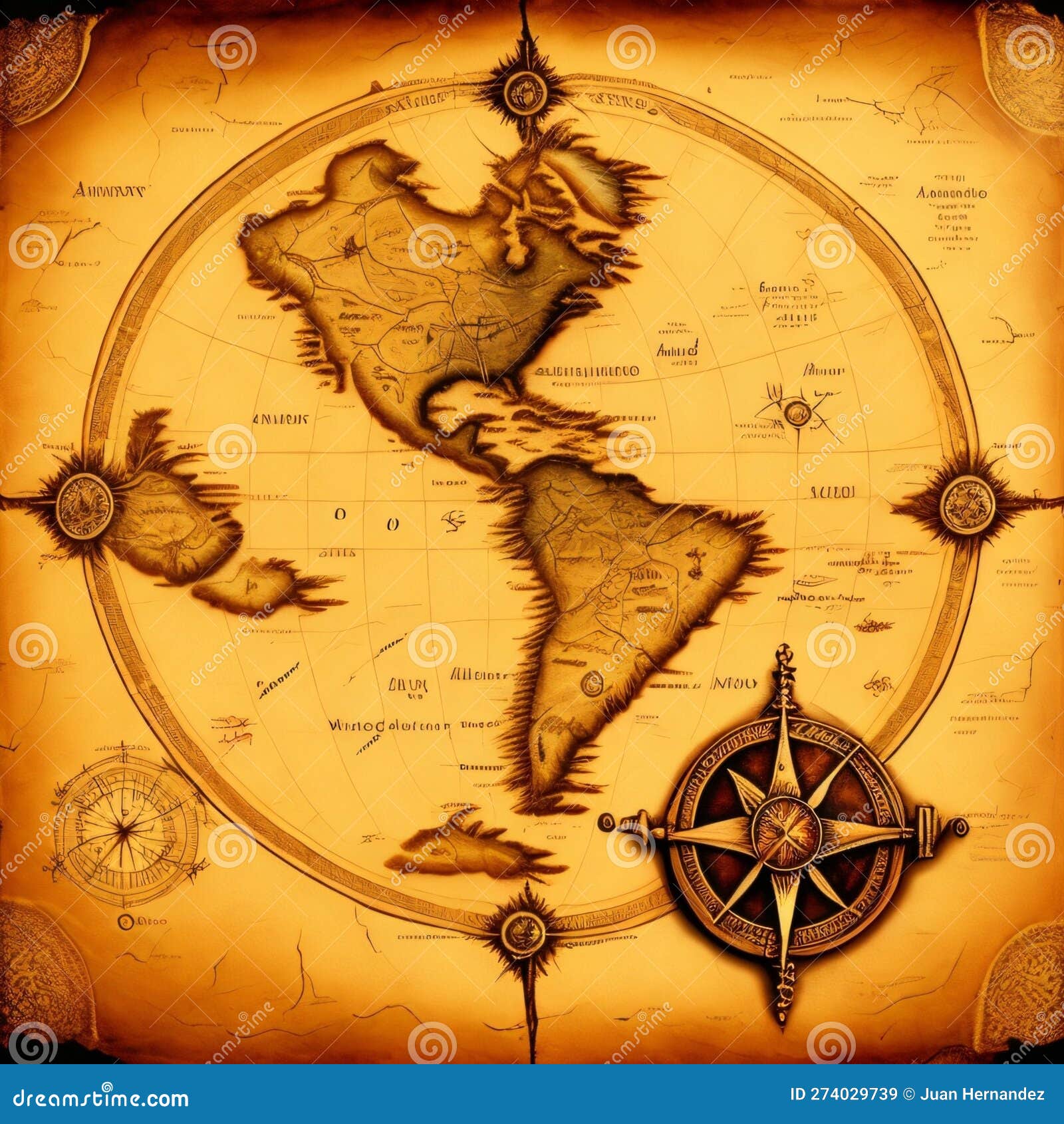 Antique Map of the World Inside a Circle with a Compass on the Side ...