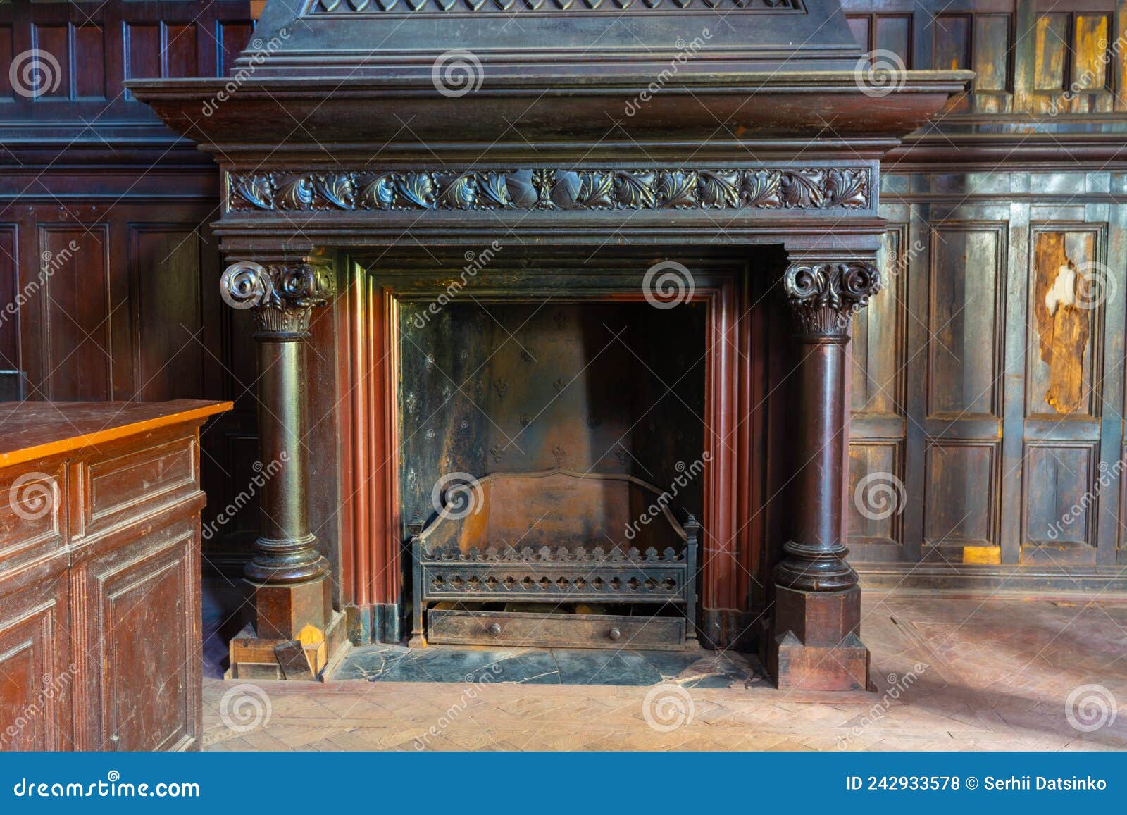 Antique Massive Wooden Fireplace in the Interior of the Study in ...