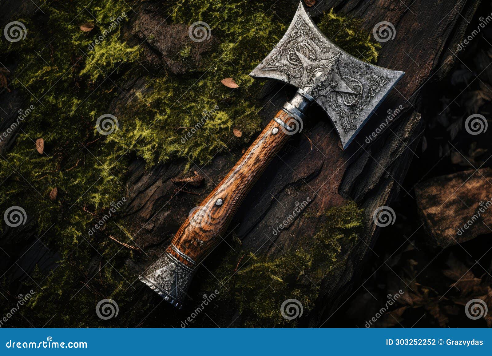 Antique Medieval Old Axe with Wooden Handle on a Mossy Trunk Stock ...