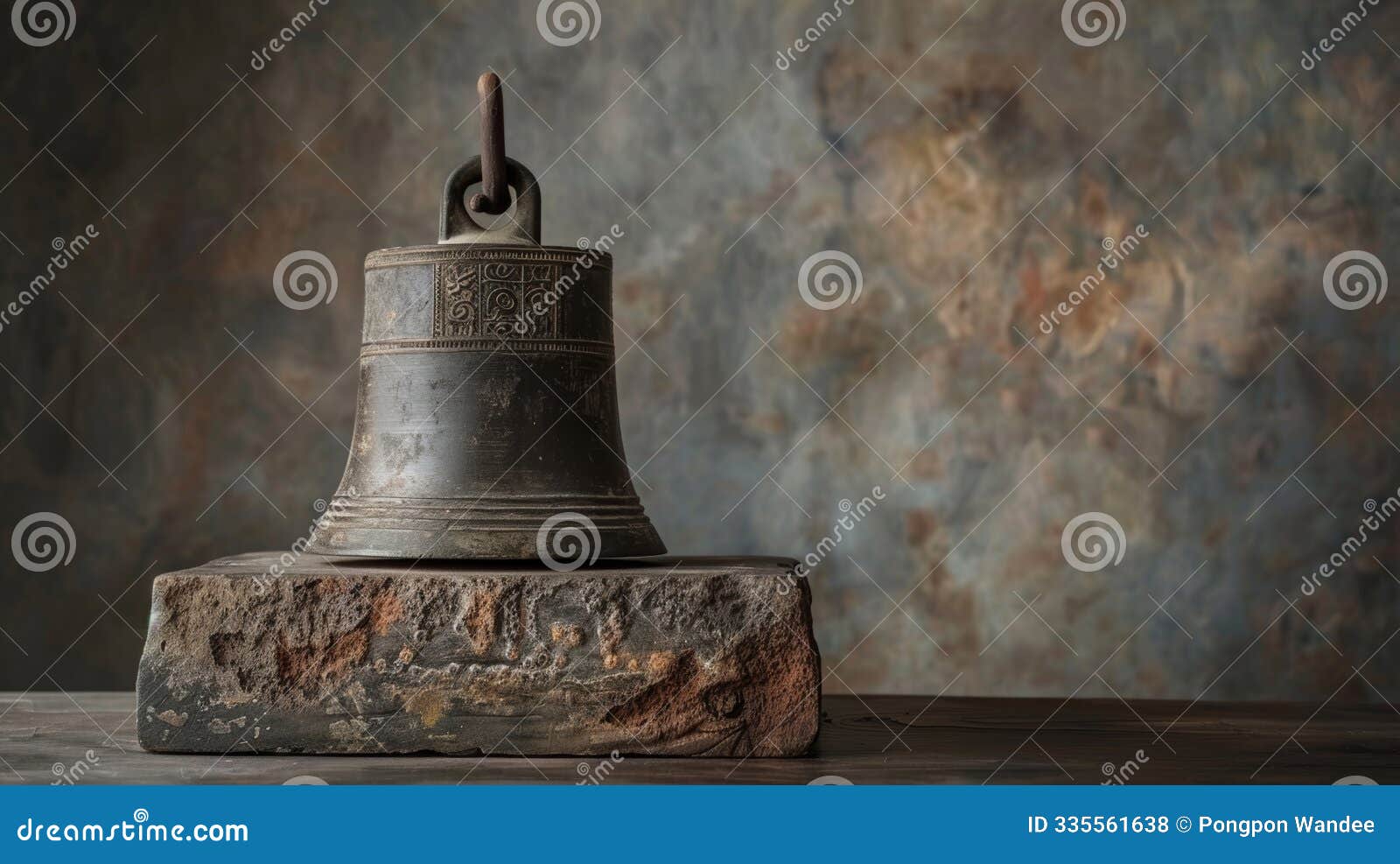Antique Metal Bell with Engraved Patterns on Brick Base Stock ...