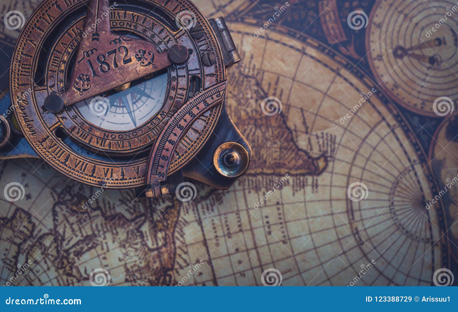 Old Compass on World Map stock image. Image of cover - 123388729