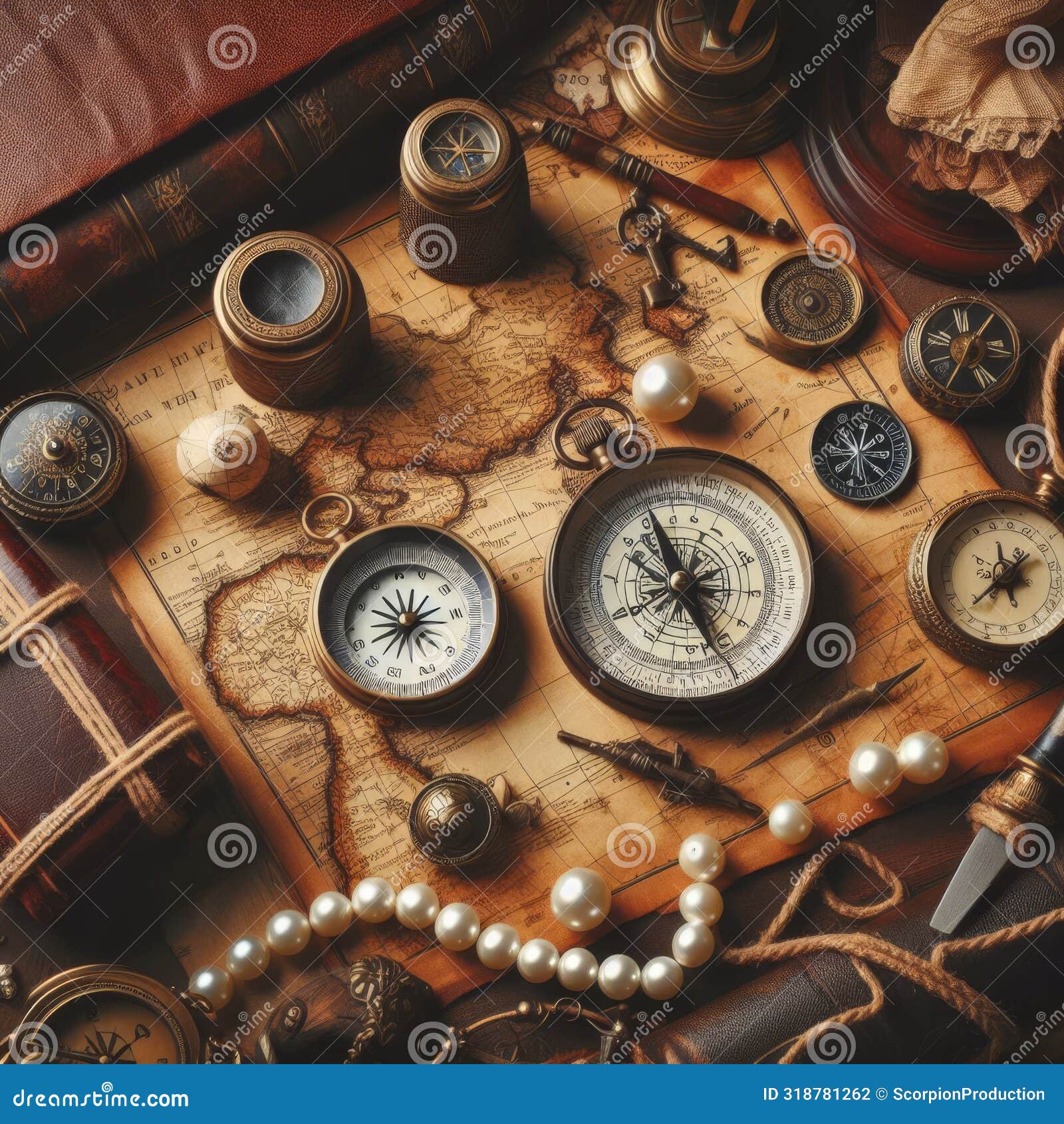 Antique Navigation Tools on Vintage Map Stock Photo - Image of explorer ...