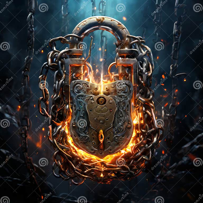 Antique Padlock Engulfed in Flames Surrounded by Chains Stock Photo ...