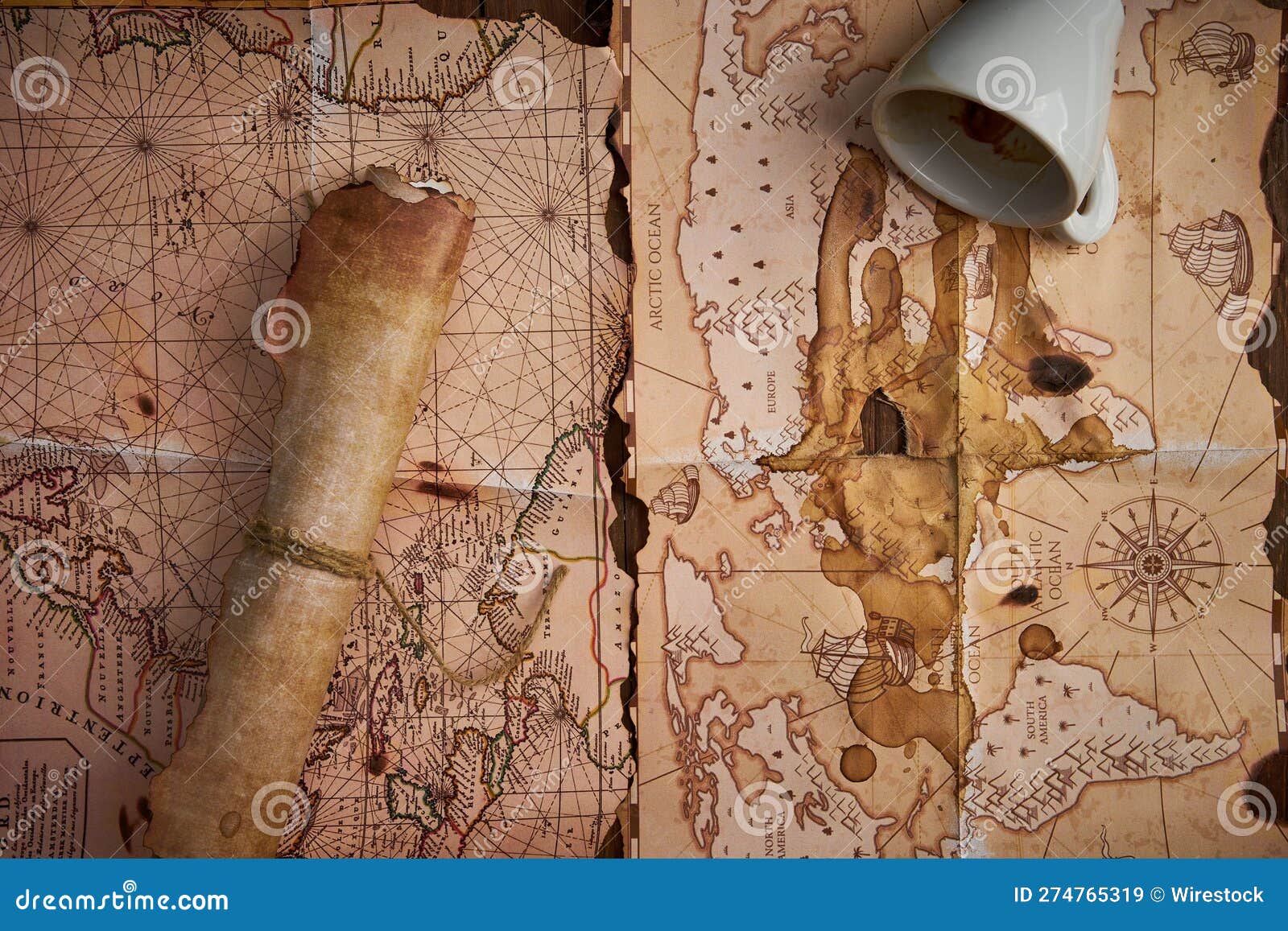 Antique Parchment Scroll with Old Maps and a Spilled Coffee Cup on a ...