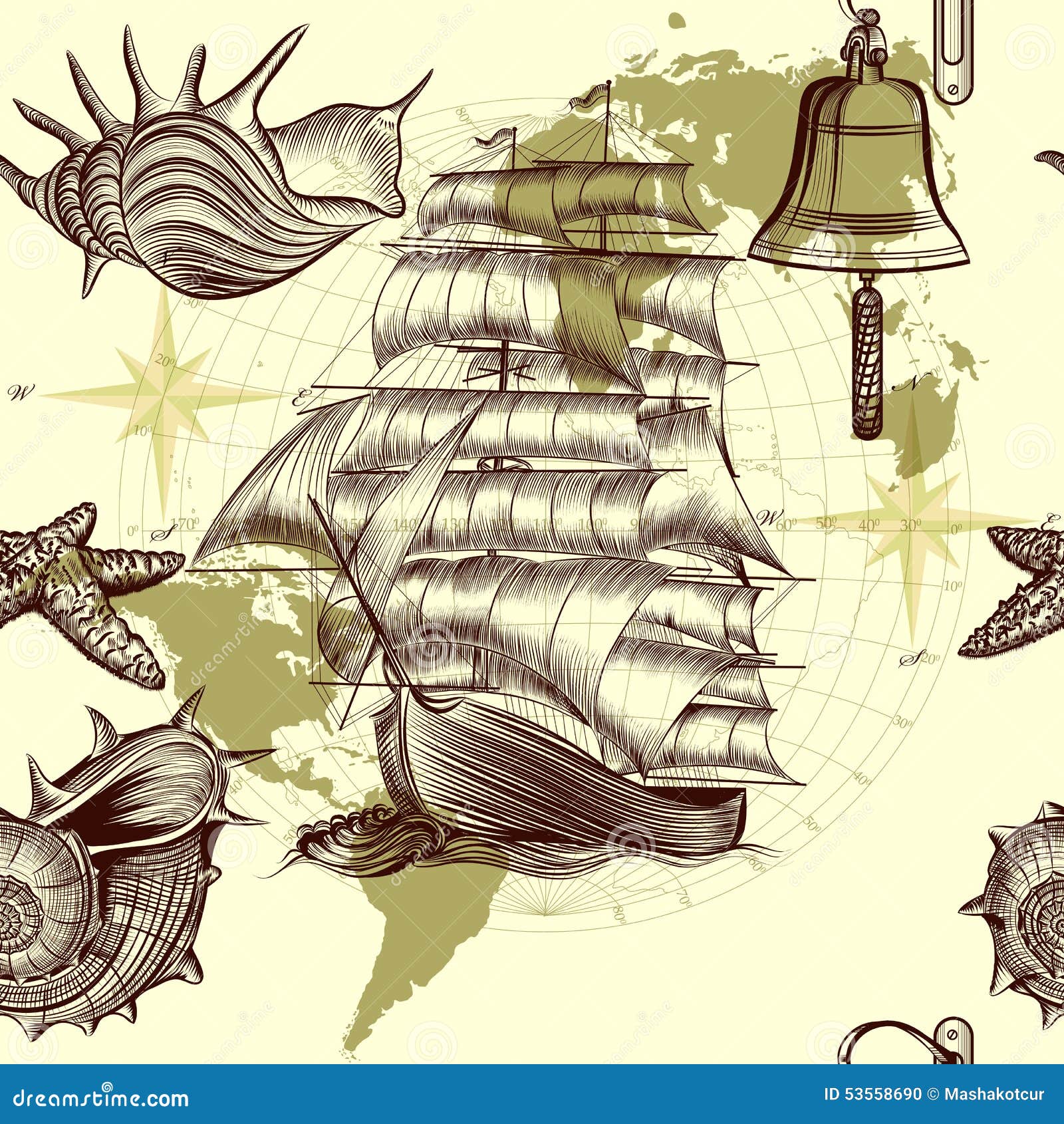 Antique Pattern with Ship, Shells and Map, Tripping Theme Stock Vector ...