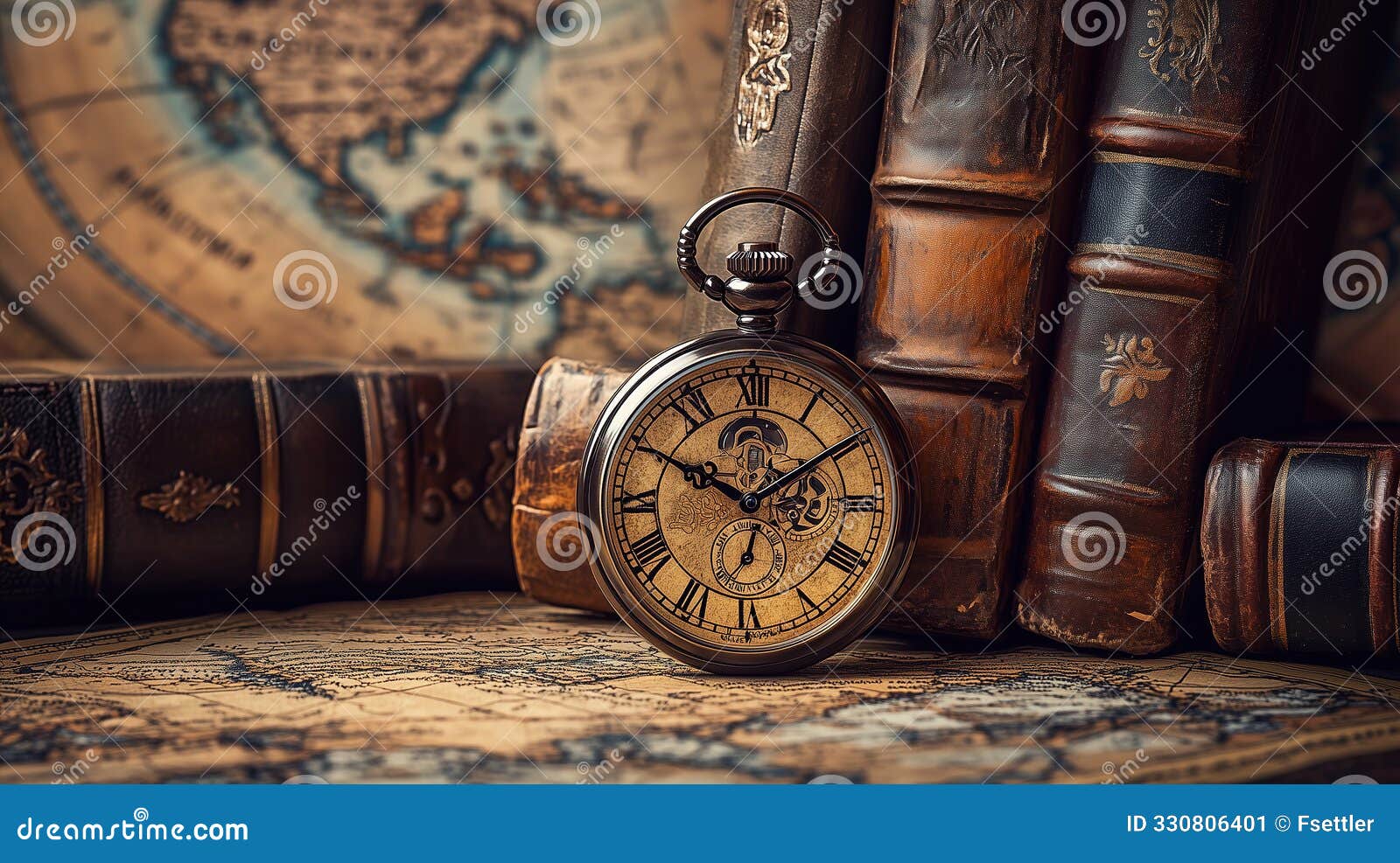 Antique Pocket Watch among Ancient Books and Geographical Maps Stock ...
