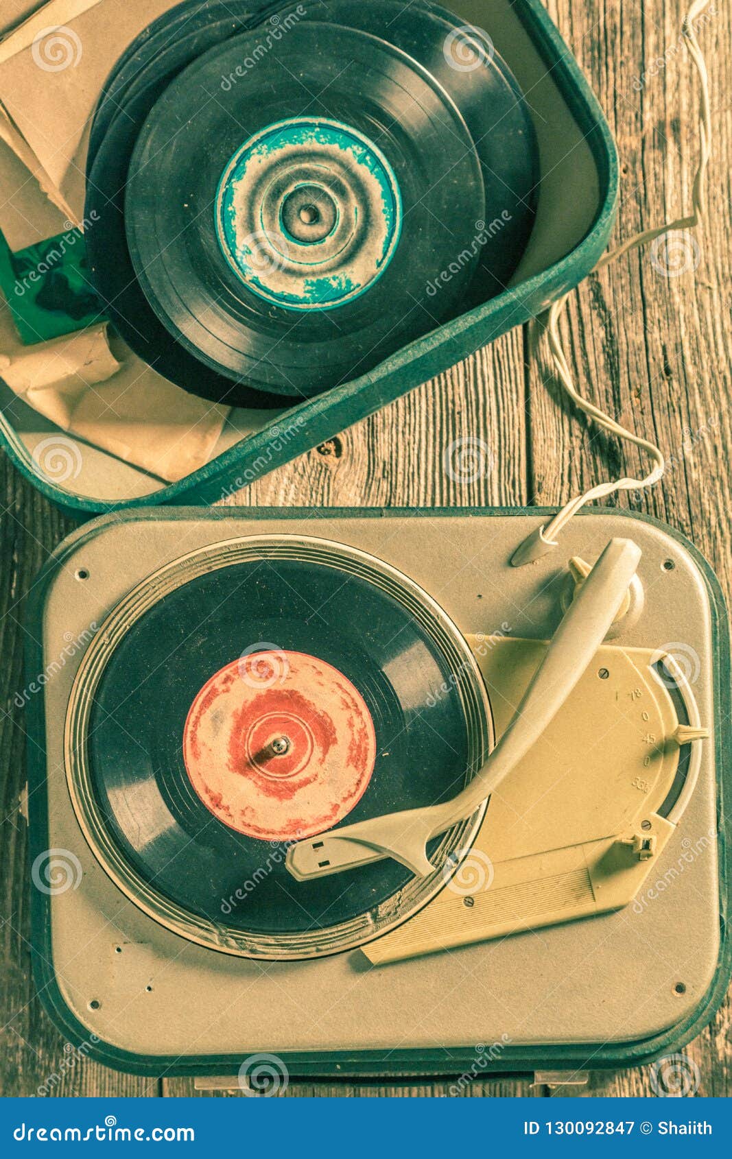 Antique Record Player and Old Vinyls with Scratched Stock Image - Image ...