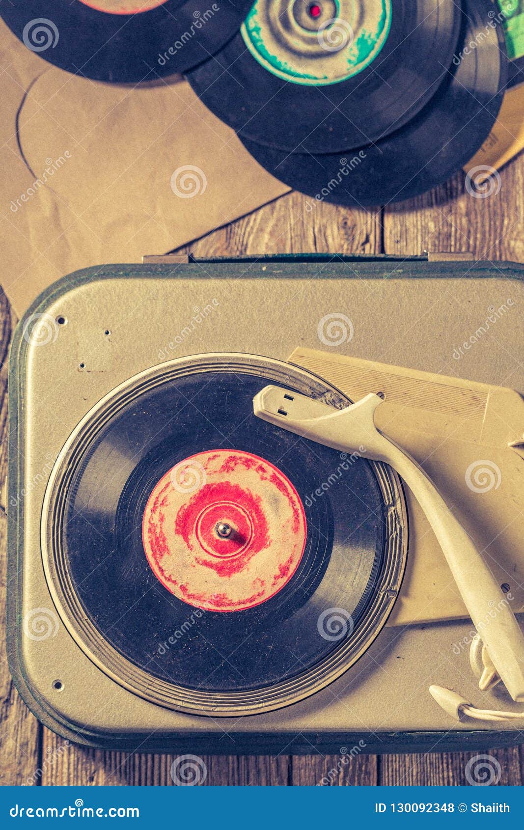Antique Record Player with a Stack of Vinyl Records Stock Photo - Image ...