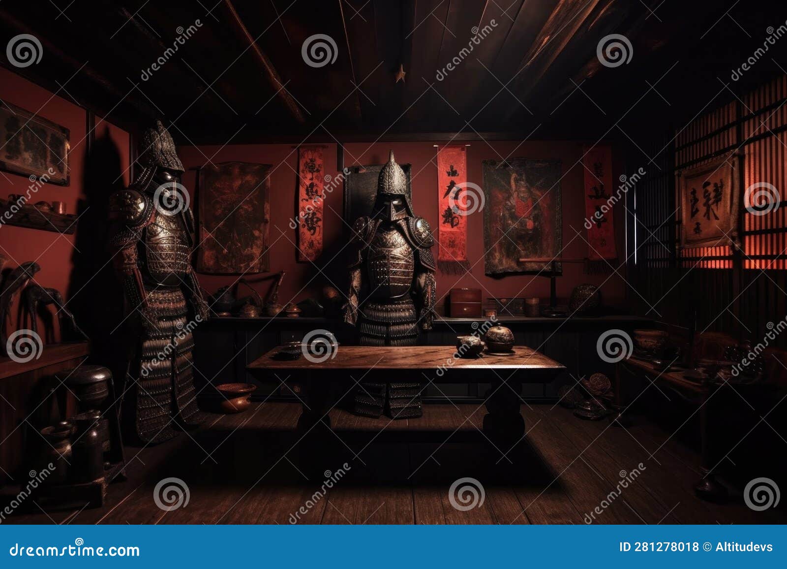 Antique Samurai Armor in Dimly Lit Room Stock Illustration ...