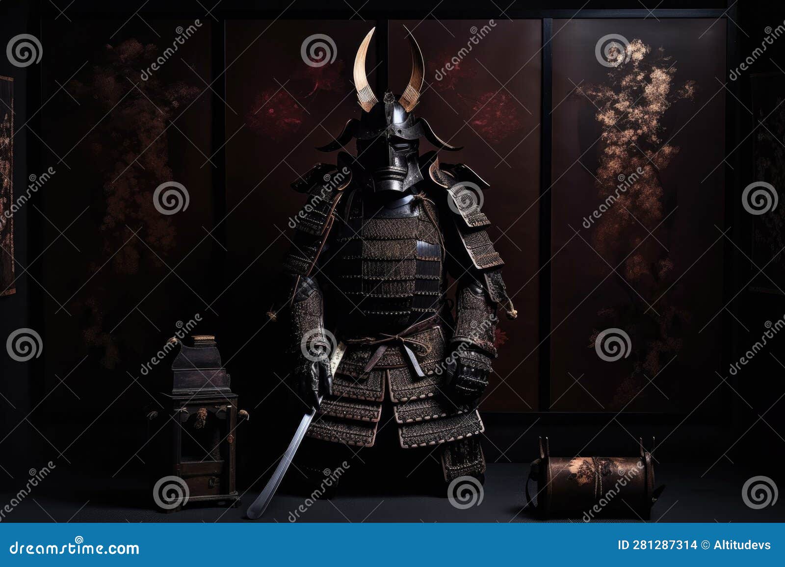Antique Samurai Armor Set in Shadowy Ambiance Stock Illustration ...