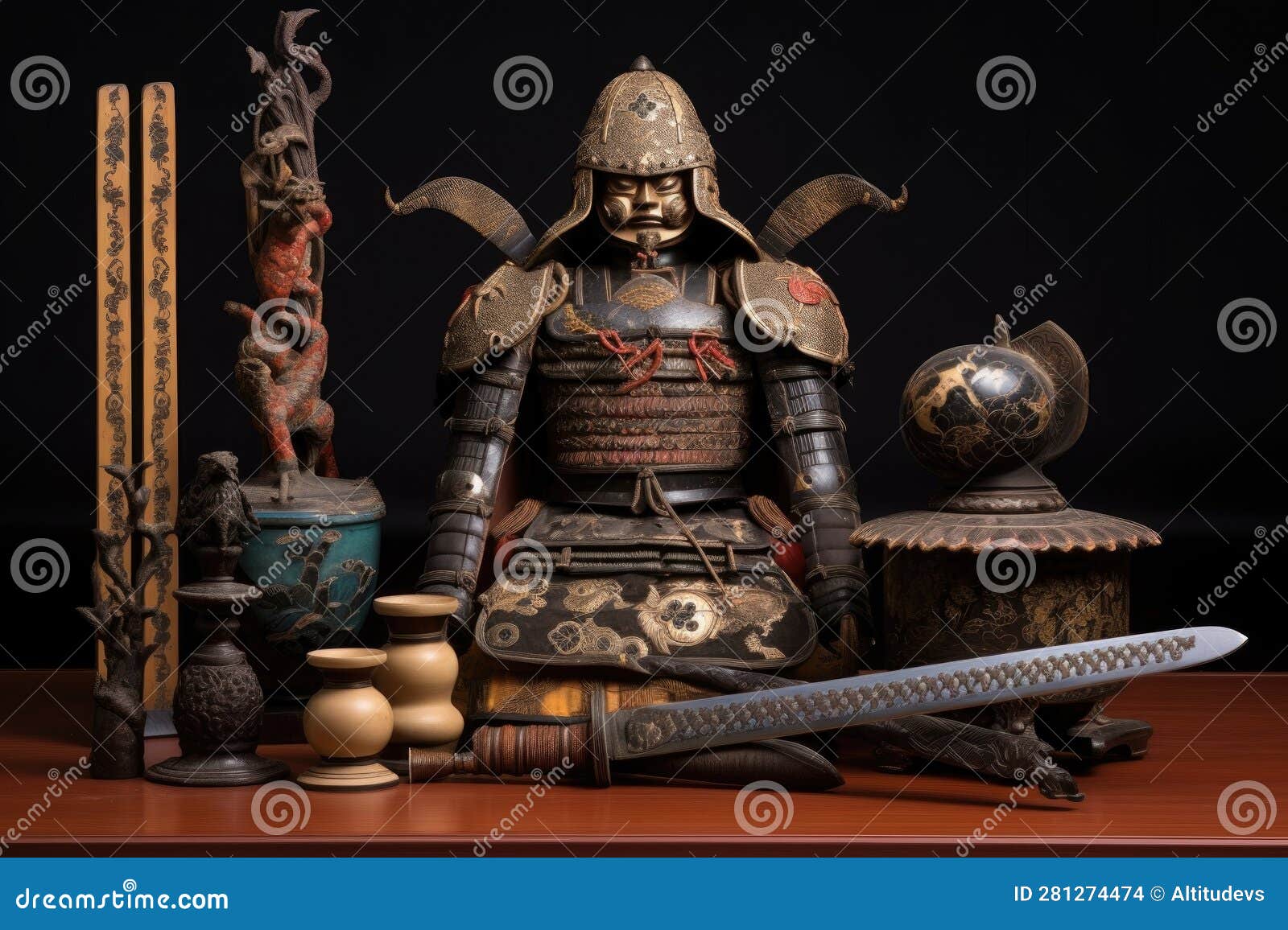 Antique Samurai Sword Resting on Armor Pieces Stock Illustration ...