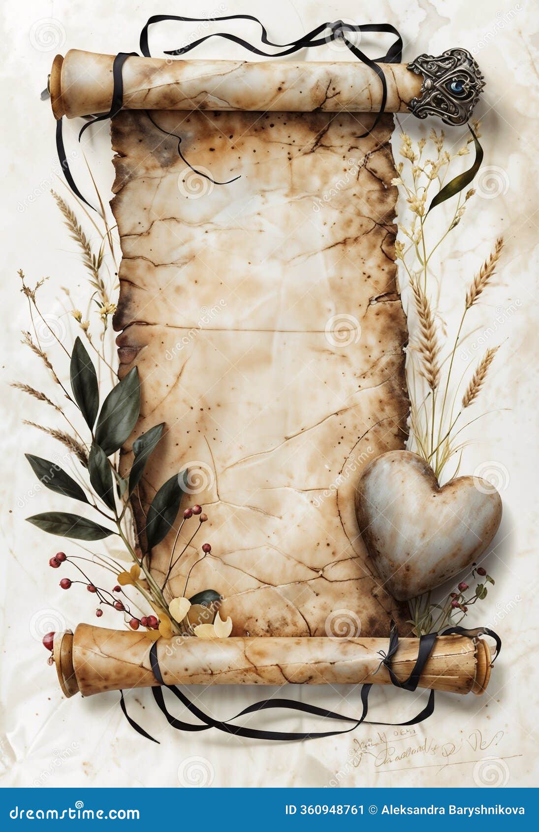 Vintage Scroll with Heart Shape and Decorative Elements on Parchment ...