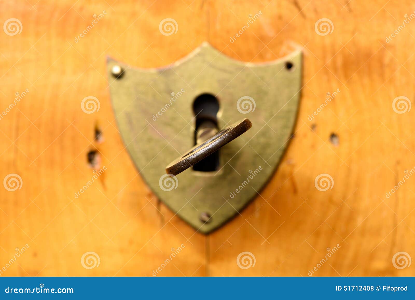 Antique Shield-shaped Lock on Bright Cherry Wood, Focus on the Key ...