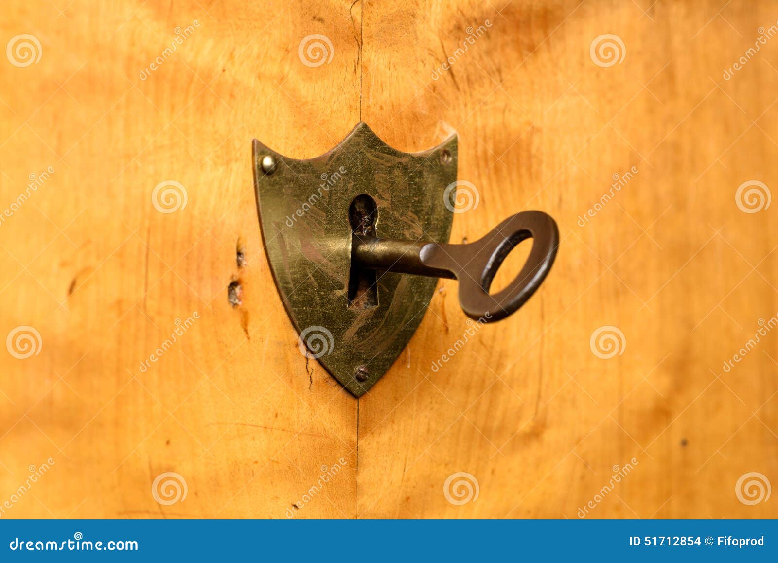 Antique Shield-shaped Lock on Bright Cherry Wood, Focus on the Lock ...
