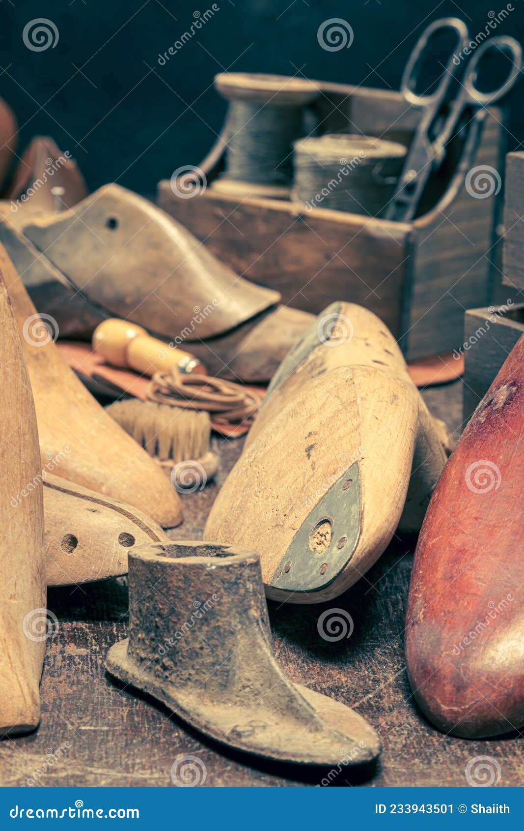 Antique Shoemaker Workshop with with Tools, Anvil, Shoes and Rule Stock ...
