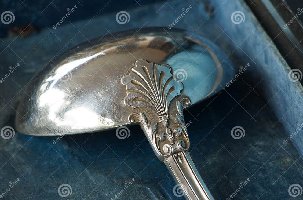 Antique silver ladle stock image. Image of blue, elegant - 15924793