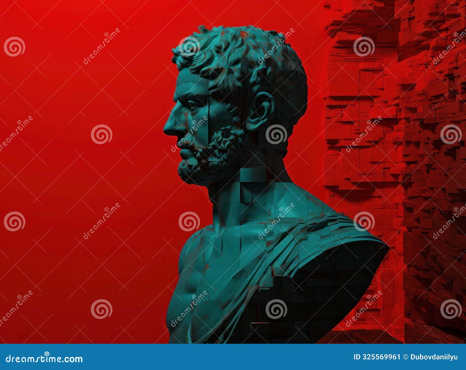 Antique Statue Bust on a Bright Red Abstract Background Portrait Close ...