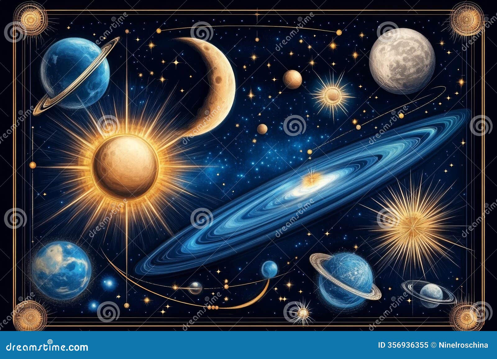 Antique Style Map Depicting Planets in a Cosmic Setting Illustrating ...