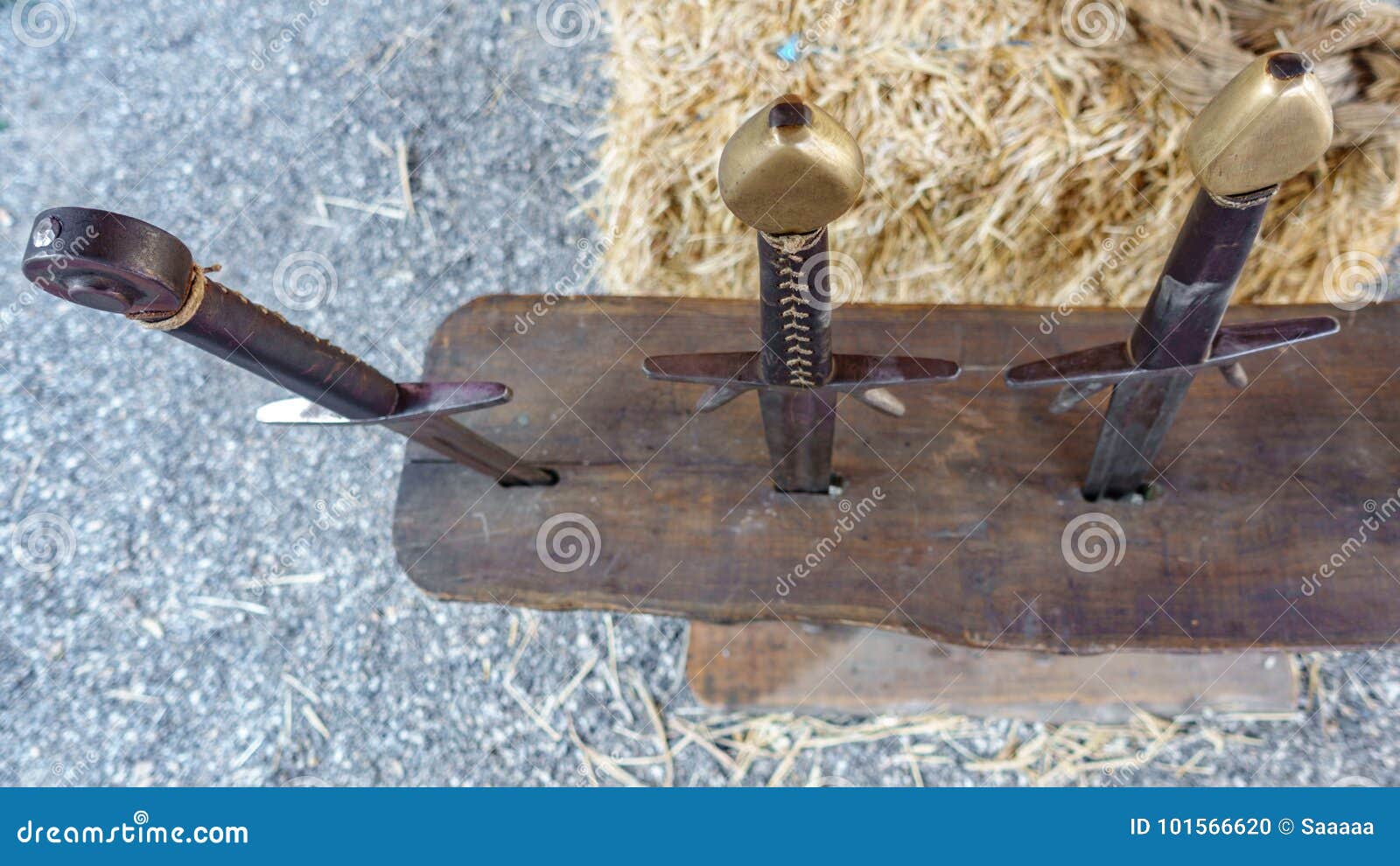 Antique Swords Over Wood and Straw Stock Photo - Image of recreation ...