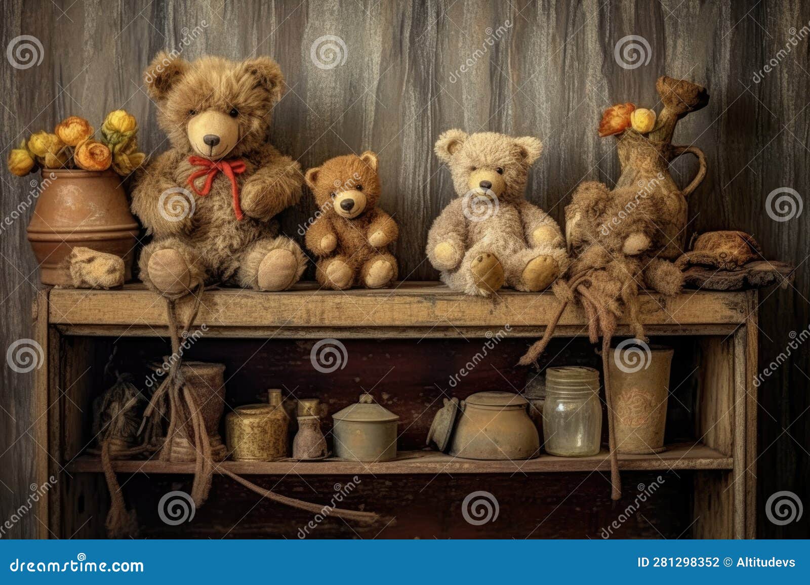 Antique Teddy Bears on a Rustic Shelf Stock Illustration - Illustration ...