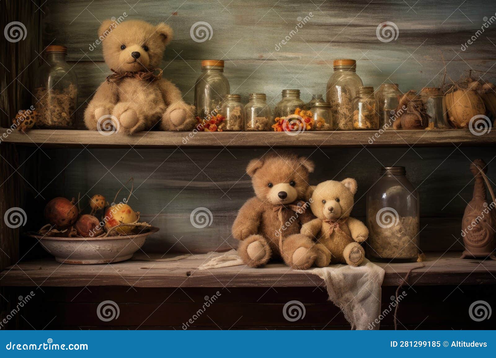 Antique Teddy Bears on a Rustic Shelf Stock Illustration - Illustration ...