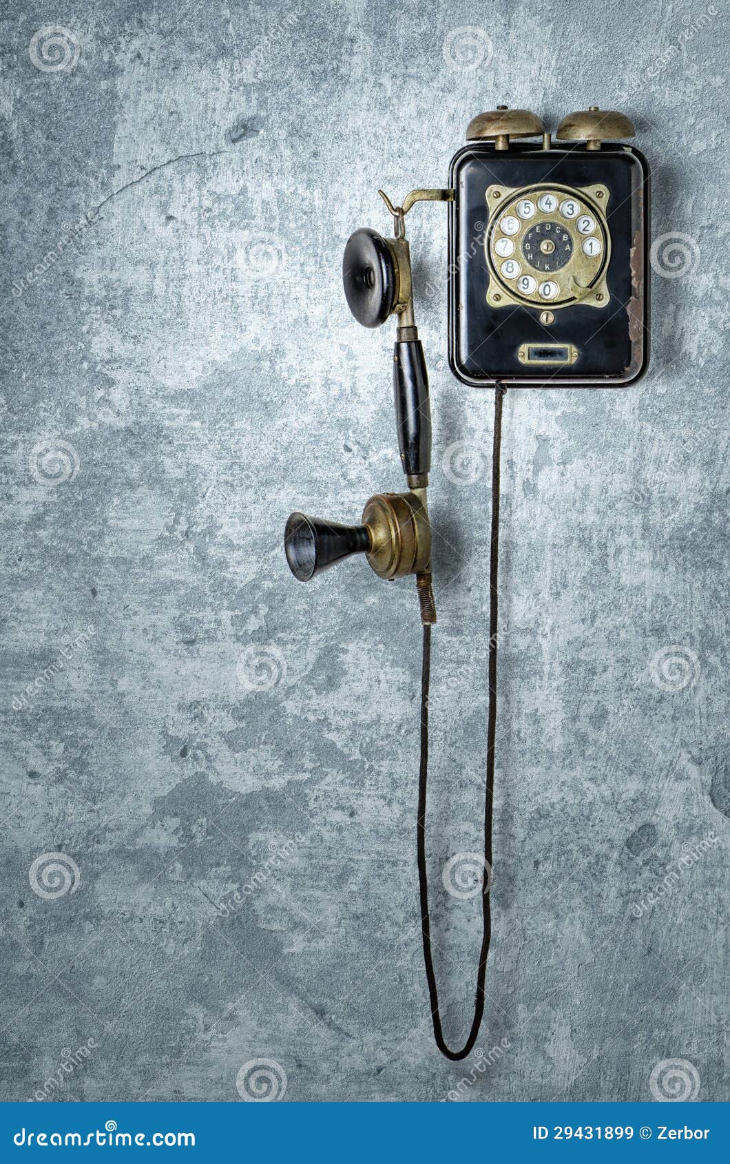Antique Telephone on a Blue Wall Stock Image - Image of dirt, aged ...