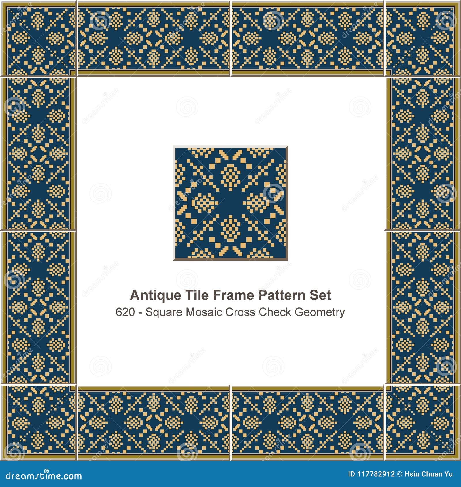 Antique Tile Frame Pattern Set Yellow Square Mosaic Pixel Cross Check ...