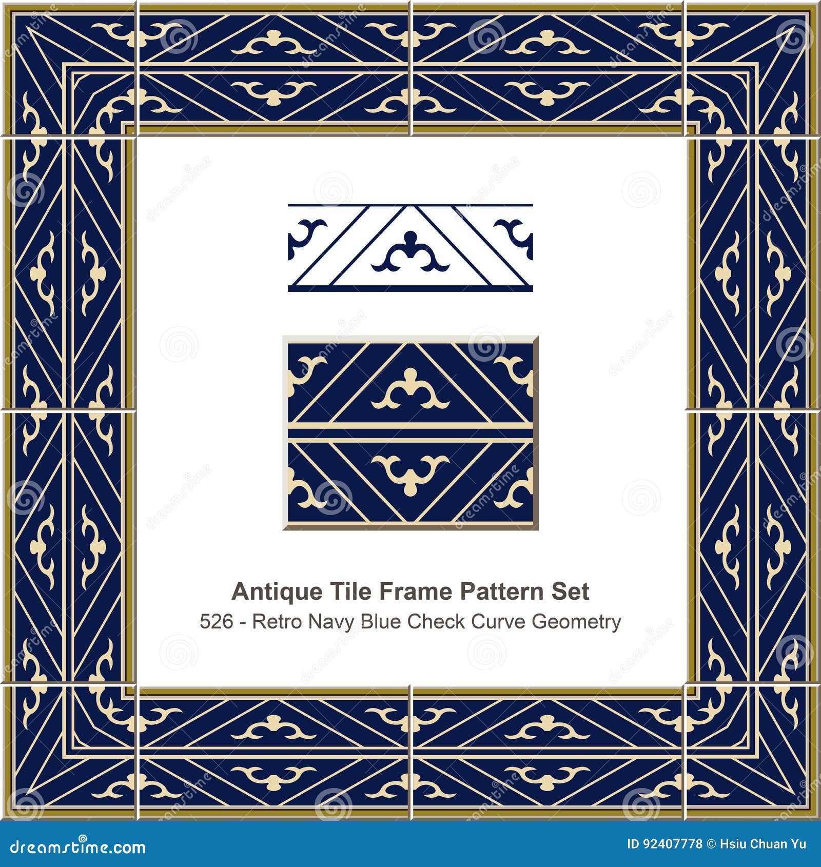 Antique Tile Frame Pattern Set Retro Navy Blue Check Curve Geometry ...