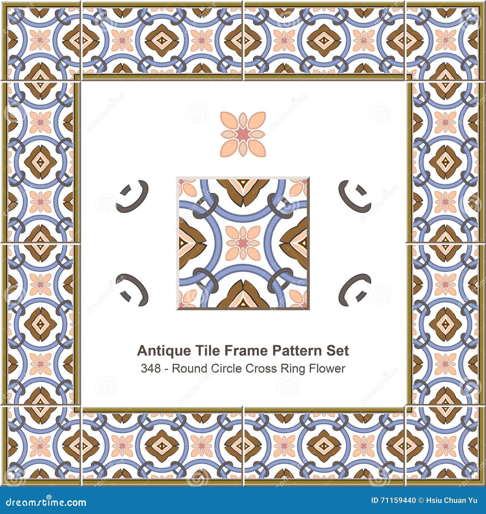 Antique Tile Frame Pattern Set_348 Round Circle Cross Ring Flower Stock ...