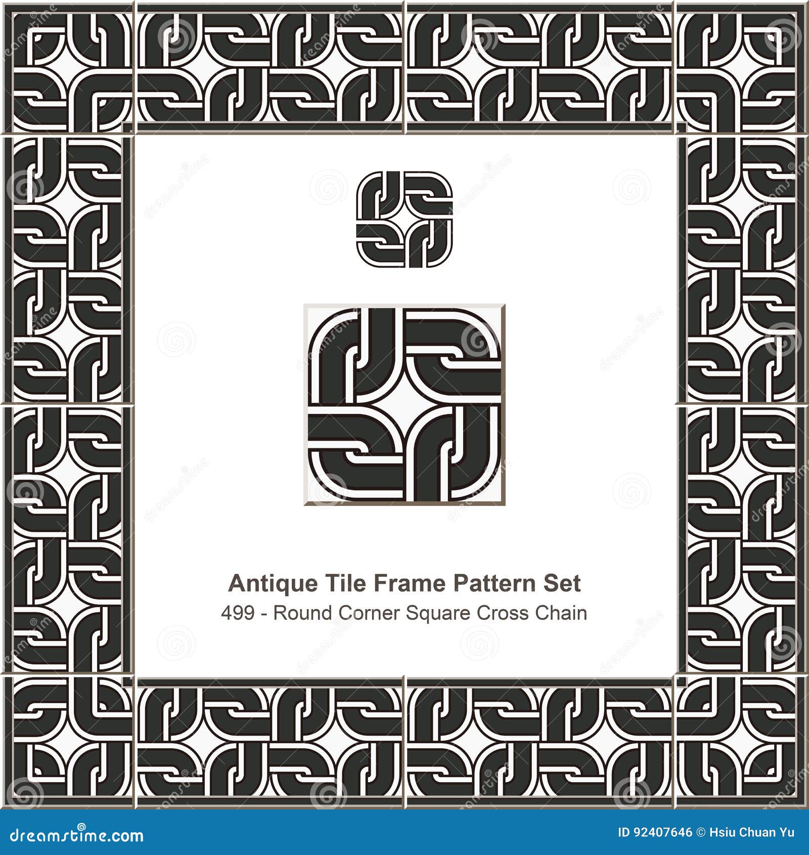 Antique Tile Frame Pattern Set Round Corner Square Cross Chain Vector ...