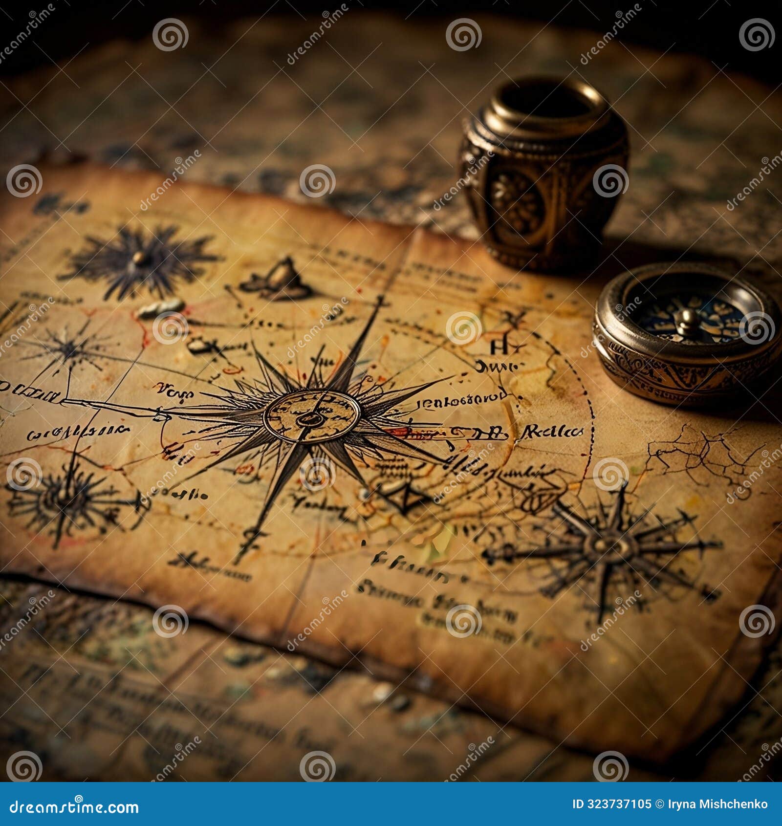 Antique Treasure Map with Compass Stock Illustration - Illustration of ...