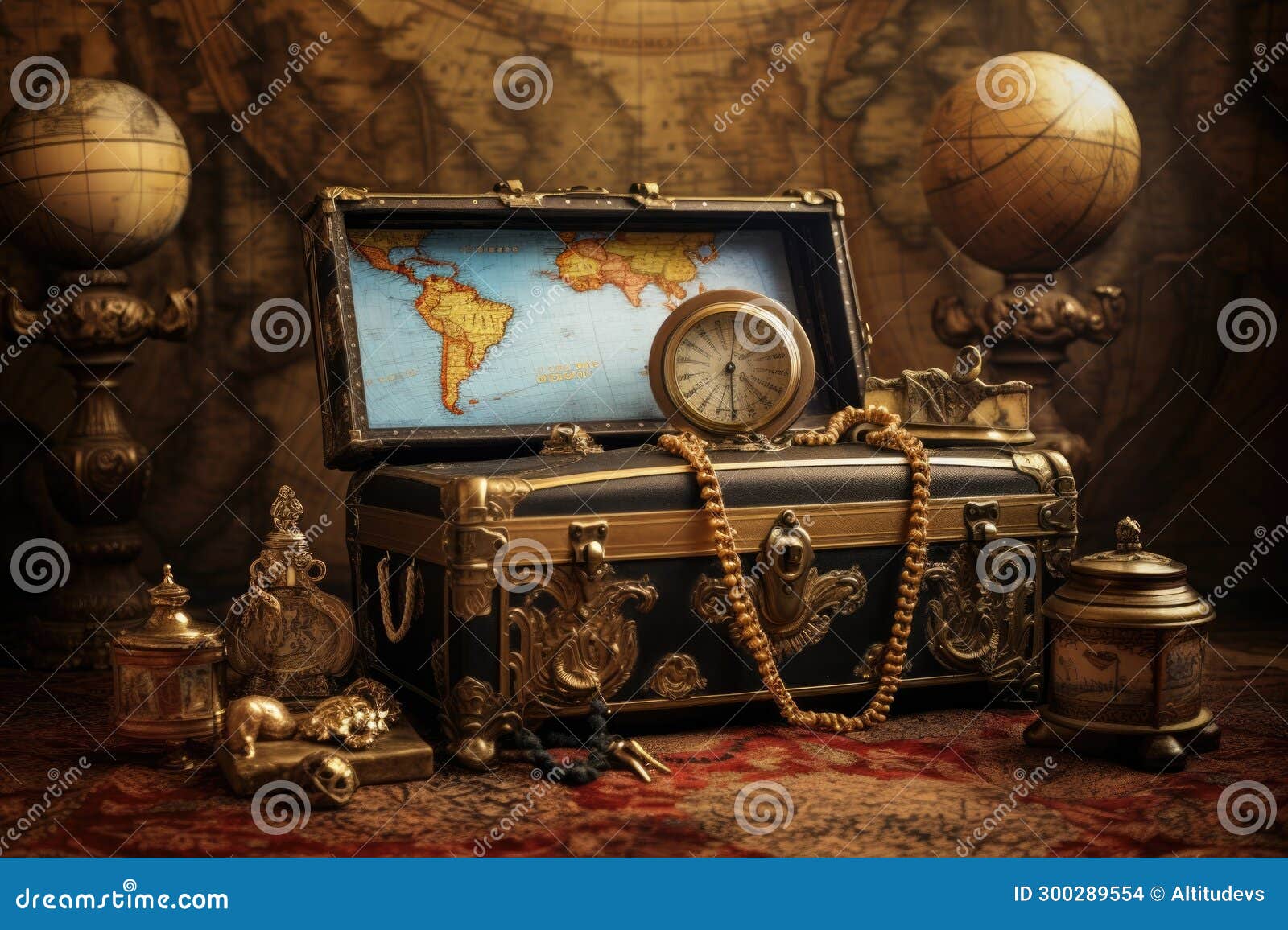 An Antique Treasure with a World Map and Compass Next To it Stock Photo ...