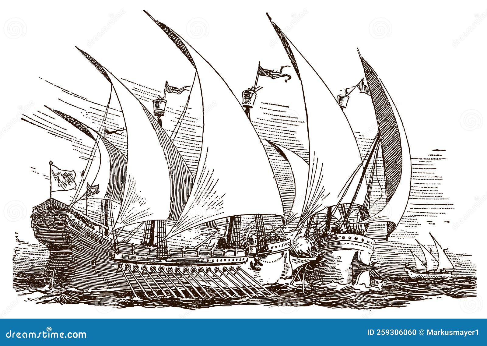 Galley Ship On Sea Hand Drawing Cartoon Vector | CartoonDealer.com ...