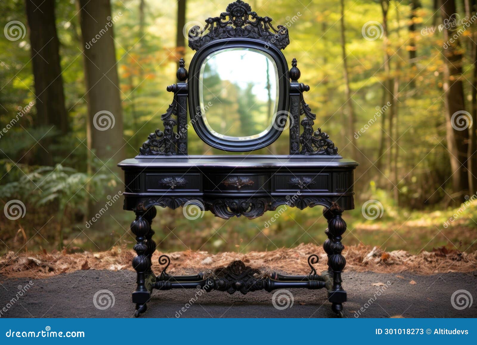 Antique Victorian Vanity Table with Ornate Mirror and Brush Stock Image ...