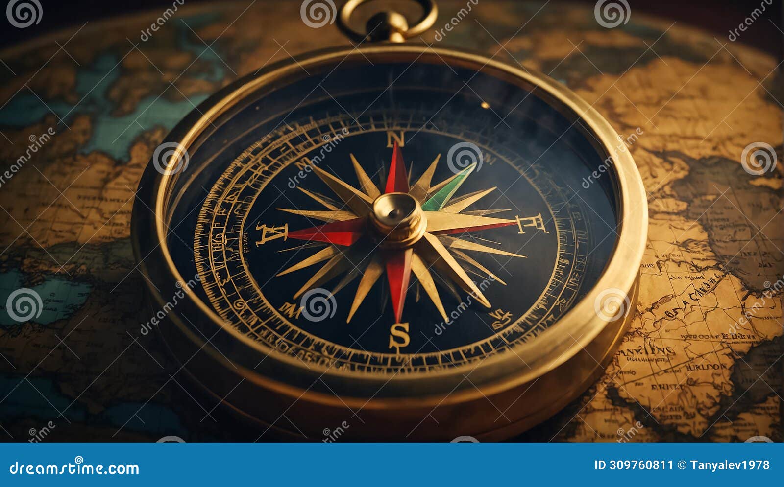 Antique Vintage Compass, World Map Stock Illustration - Illustration of ...