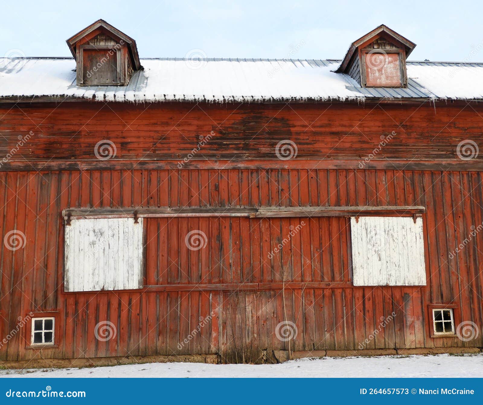 Antique Vintage Red Gable Barn with Sliding Doors and Dormer Roof ...