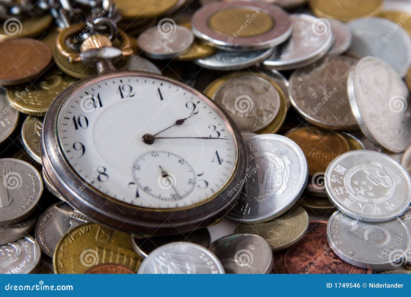 Antique watch and coins stock photo. Image of minute, cash - 1749546