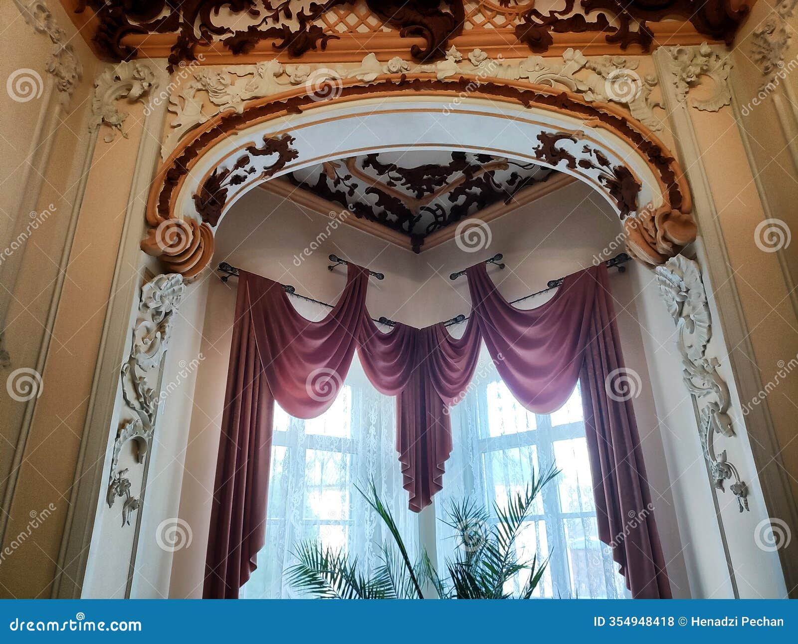 Antique Window with Curtains and Patterns on the Window and Walls in a ...