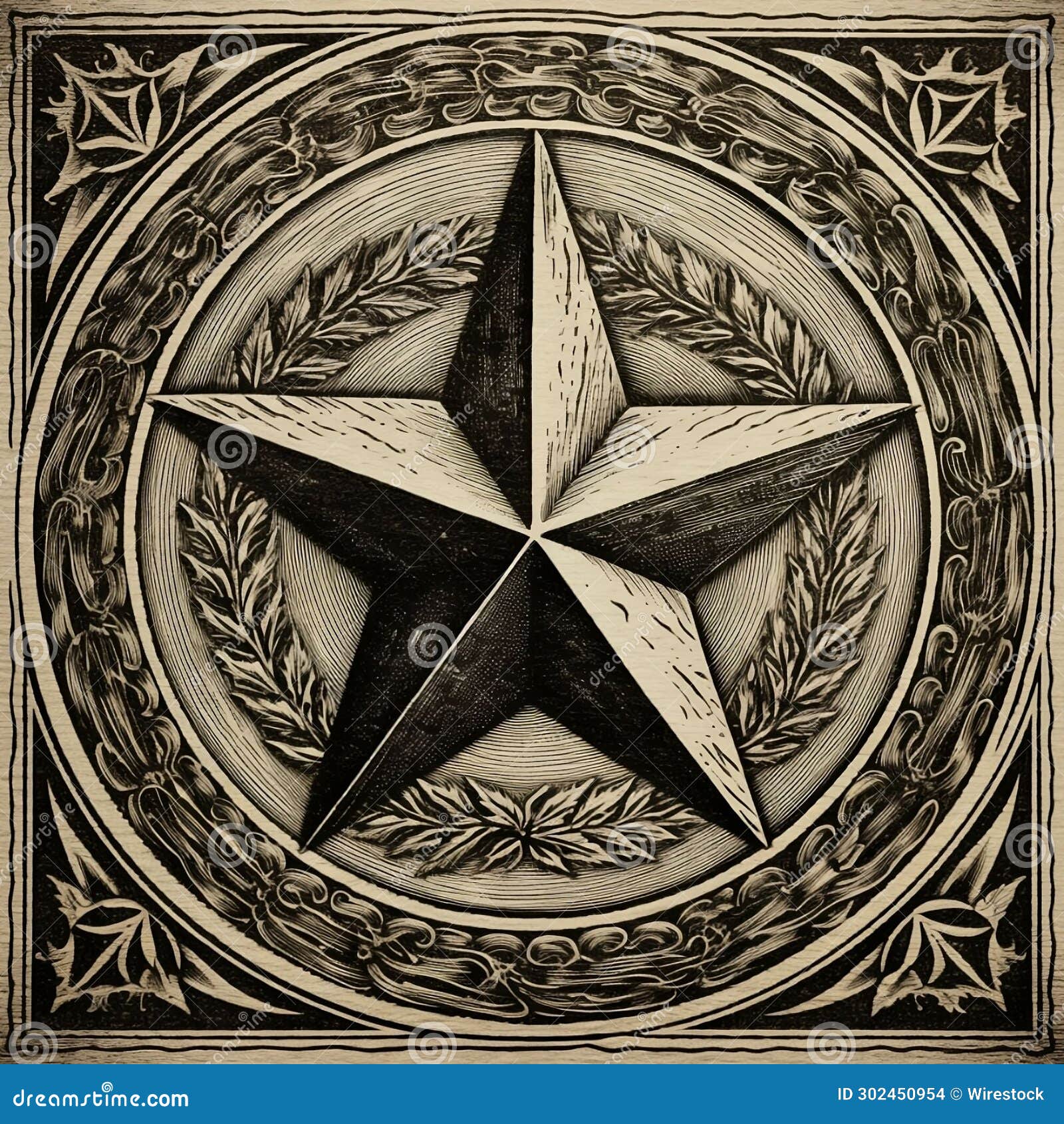 Antique Woodcut Art Featuring a Star in the Center of the Composition ...