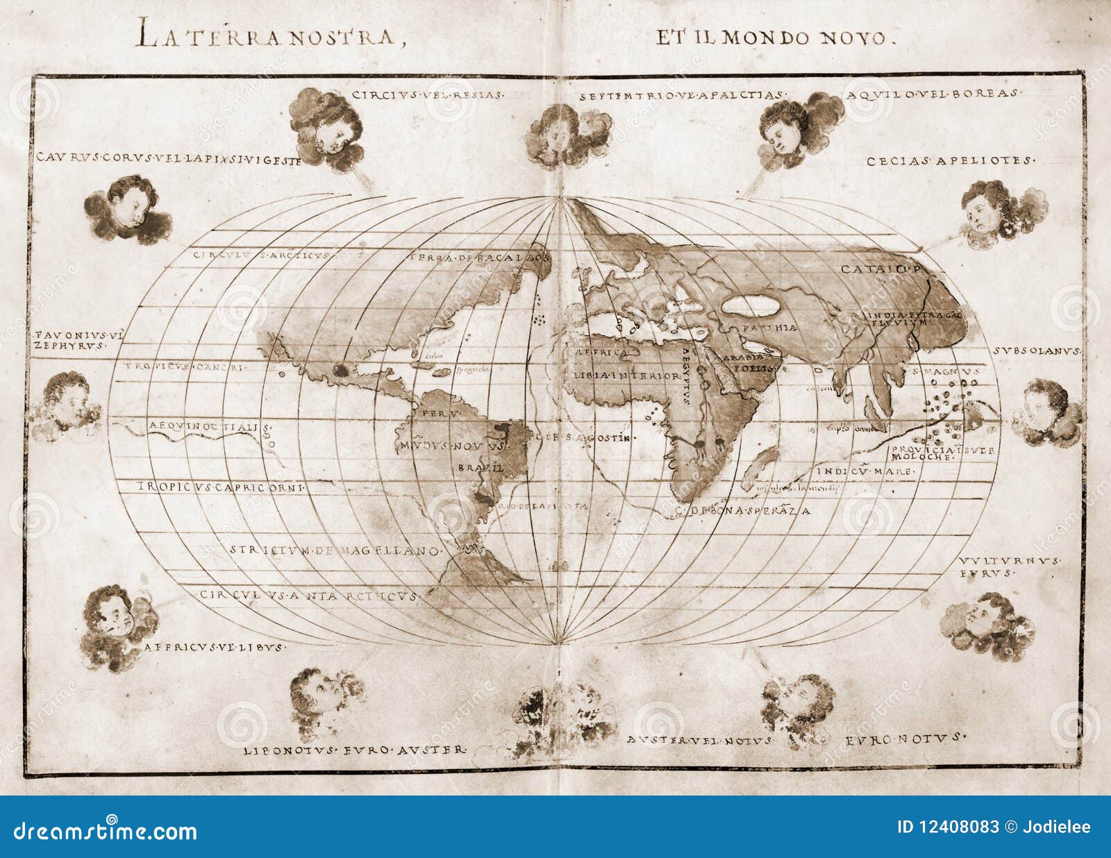 Antique world map stock illustration. Illustration of cherubs - 12408083
