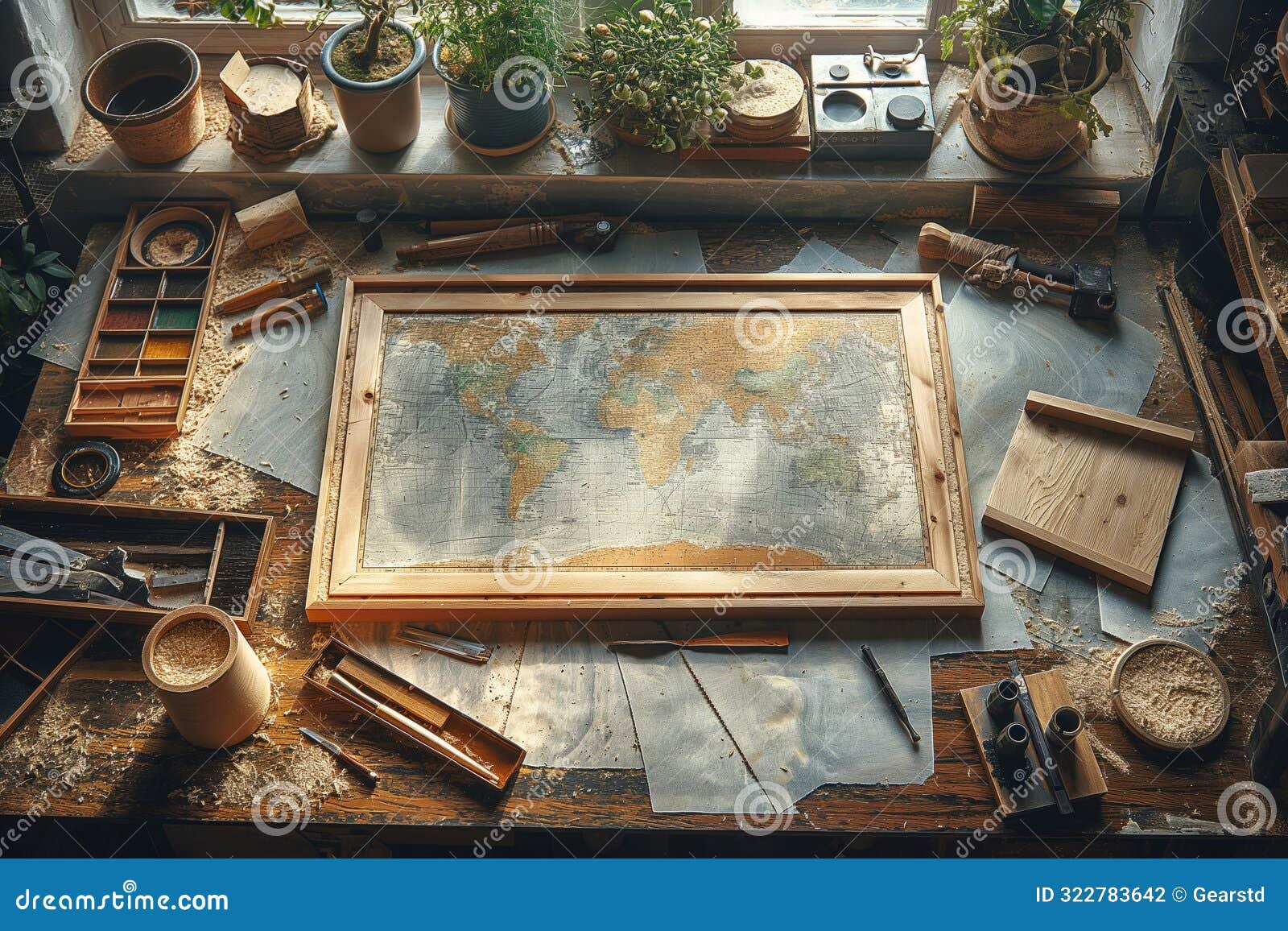 Antique World Map Framing Project on Desk Stock Photo - Image of tools ...
