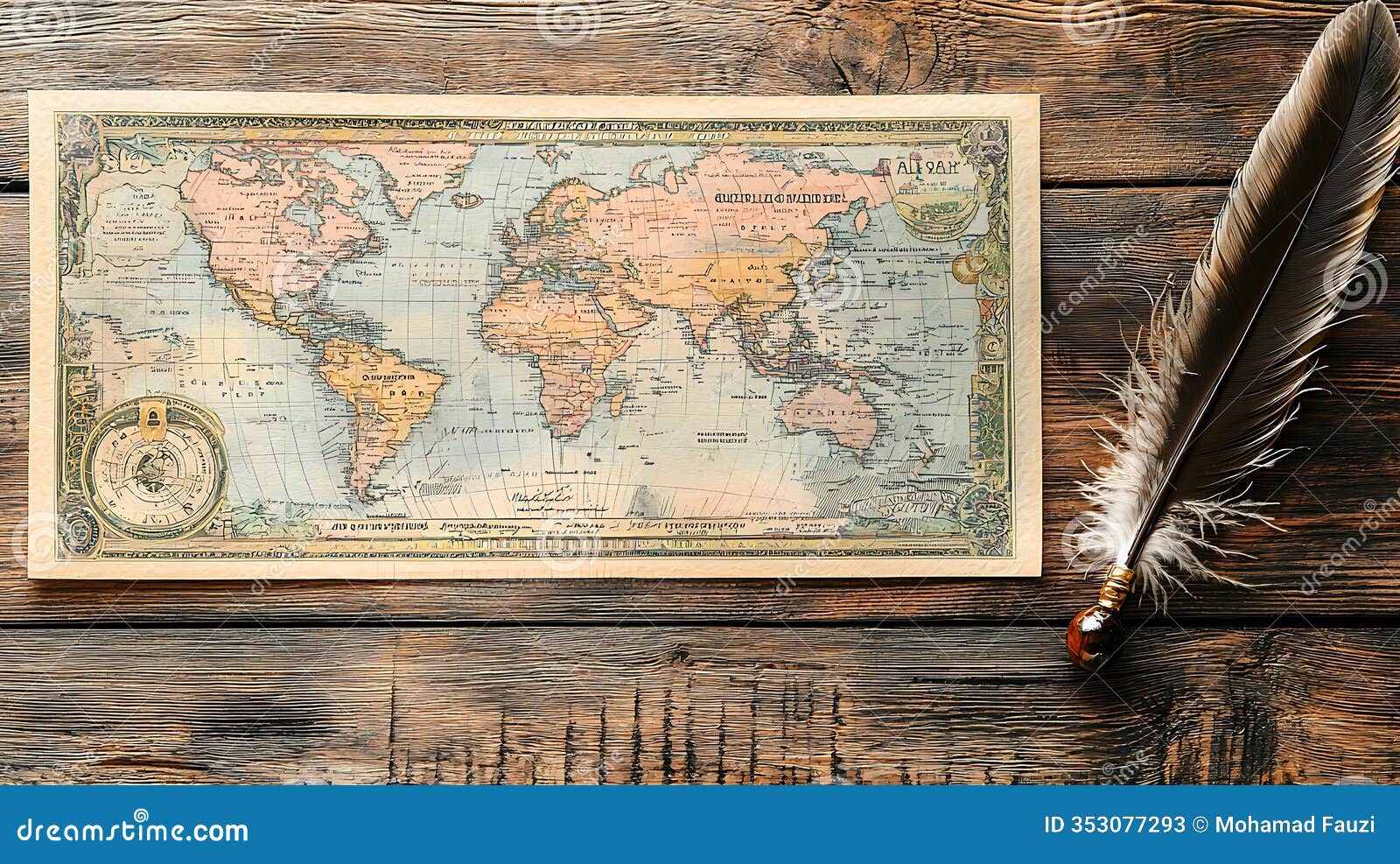 Antique World Map with Quill Pen on Wooden Surface Stock Image - Image ...