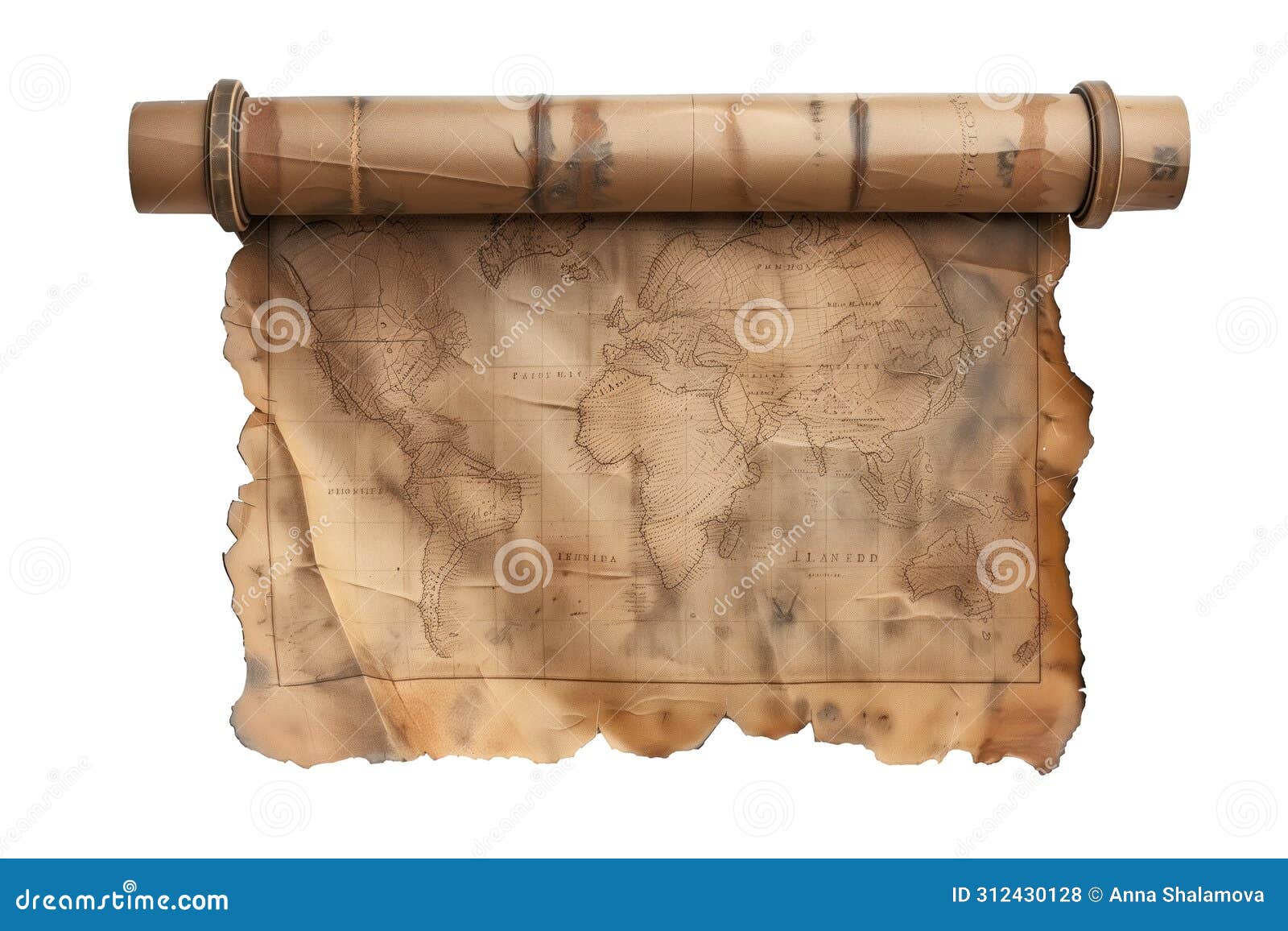 Antique World Map on Rolled Parchment with Aged Burnt Edges. Stock ...