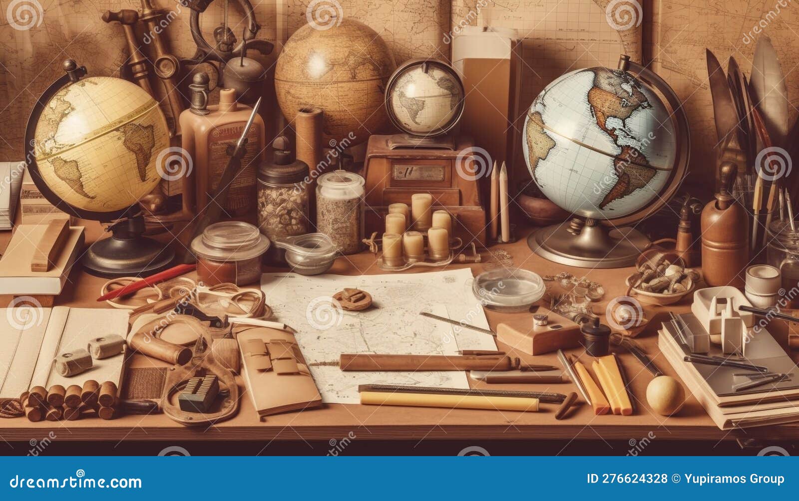 Antique World Map on Rustic Homemade Desk Generated by AI Stock ...
