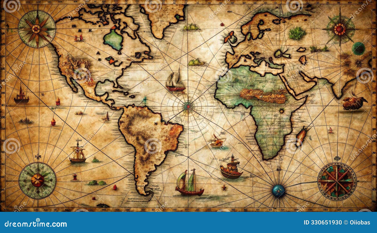 Antique World Map with Ships and Compasses, Vintage , Treasure ...